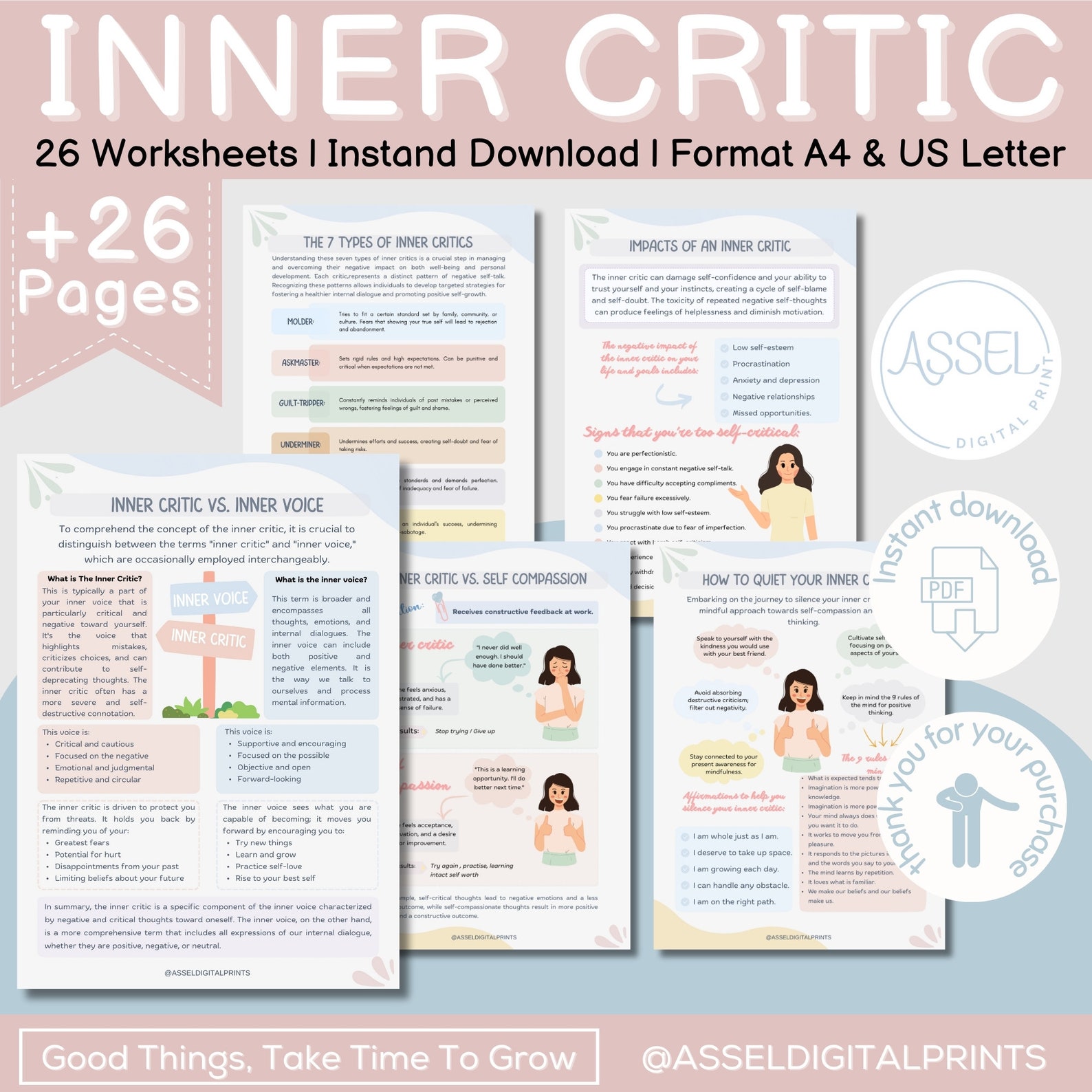 Inner Critic Worksheets, Therapy Tools, Coping Skills (pdfs) - Etsy