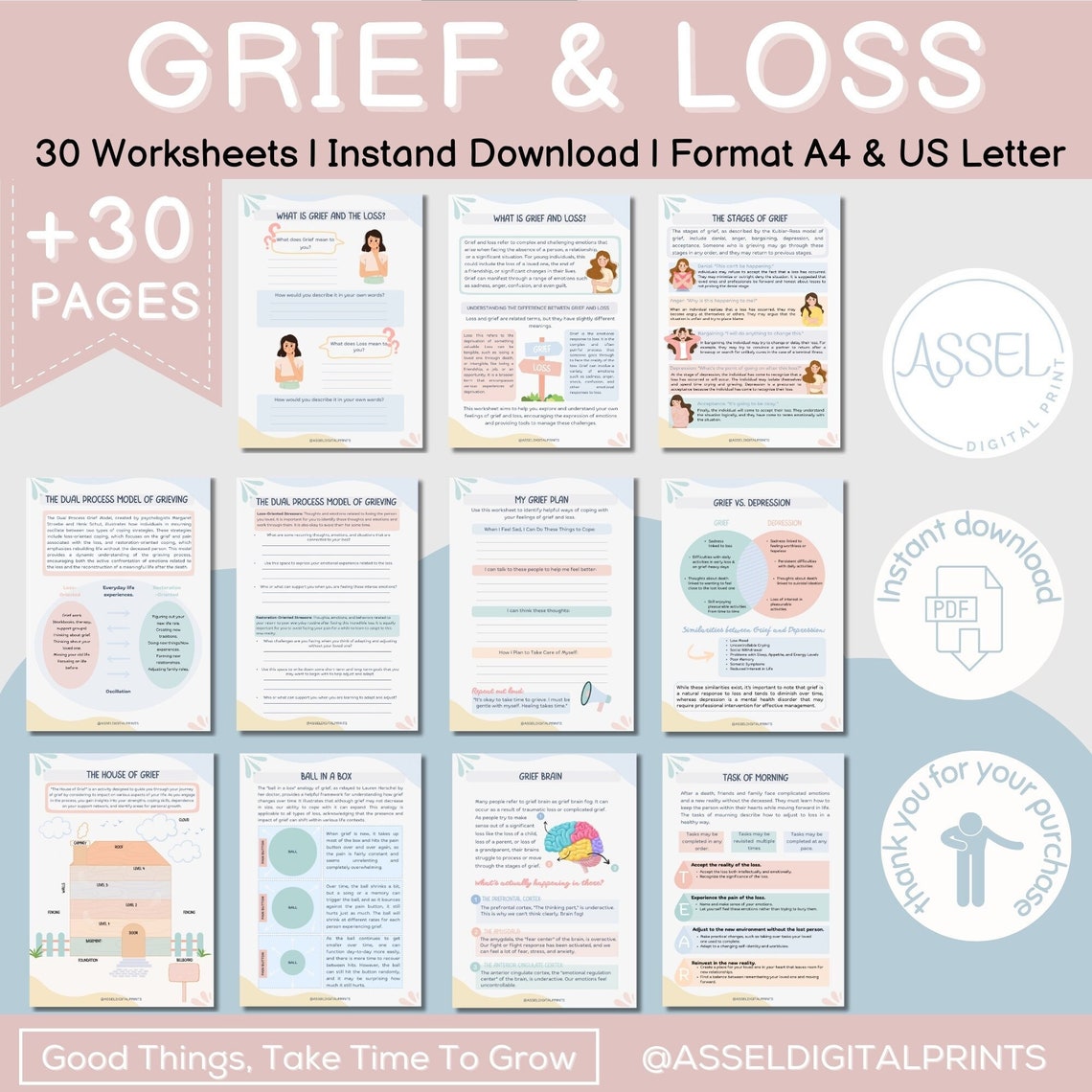 54 Grief and Loss Bundle ,stages of Grief Worksheets, CBT Worksheets ...