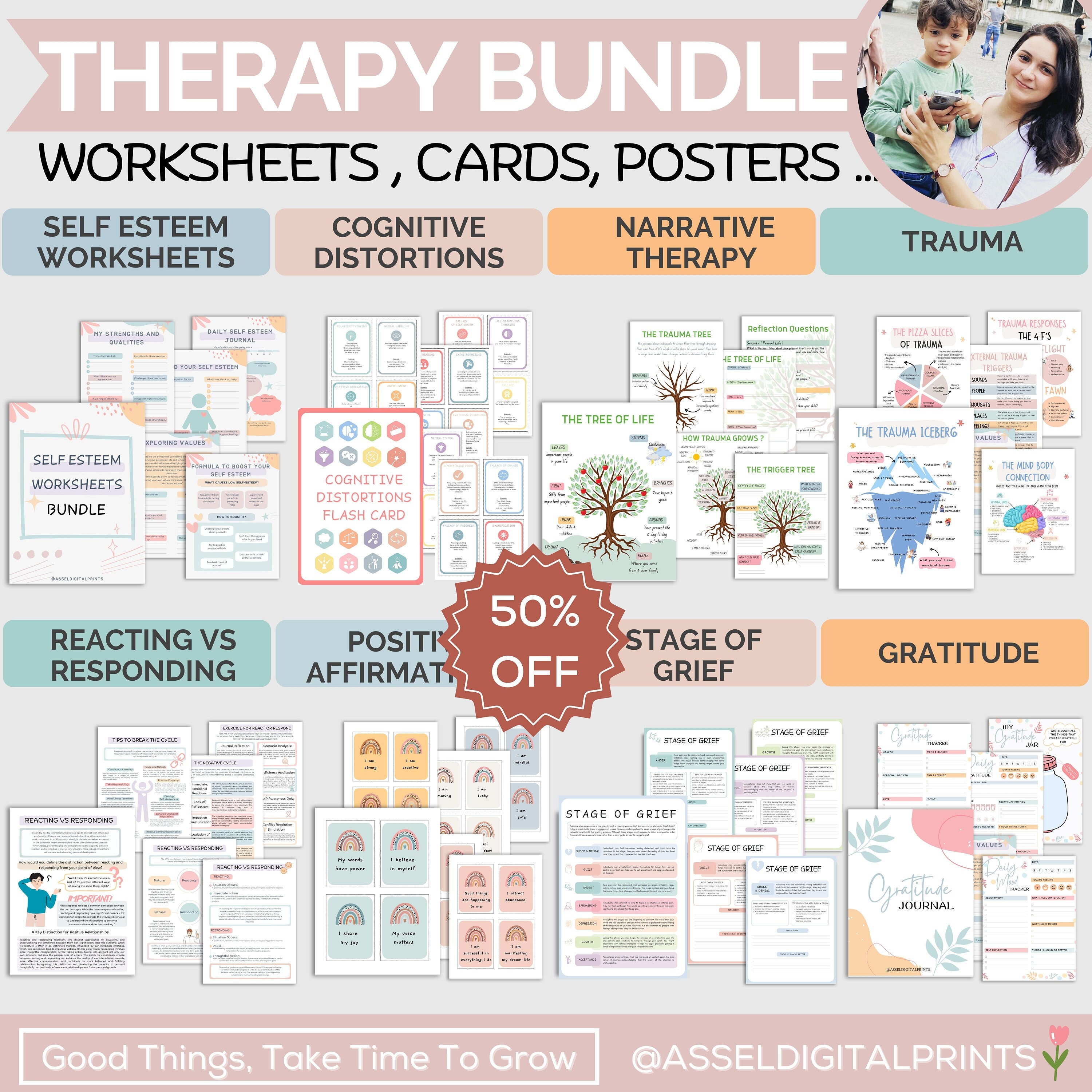 Therapy Worksheet Bundle, Self-esteem, Trauma, CBT, DBT (digital ...