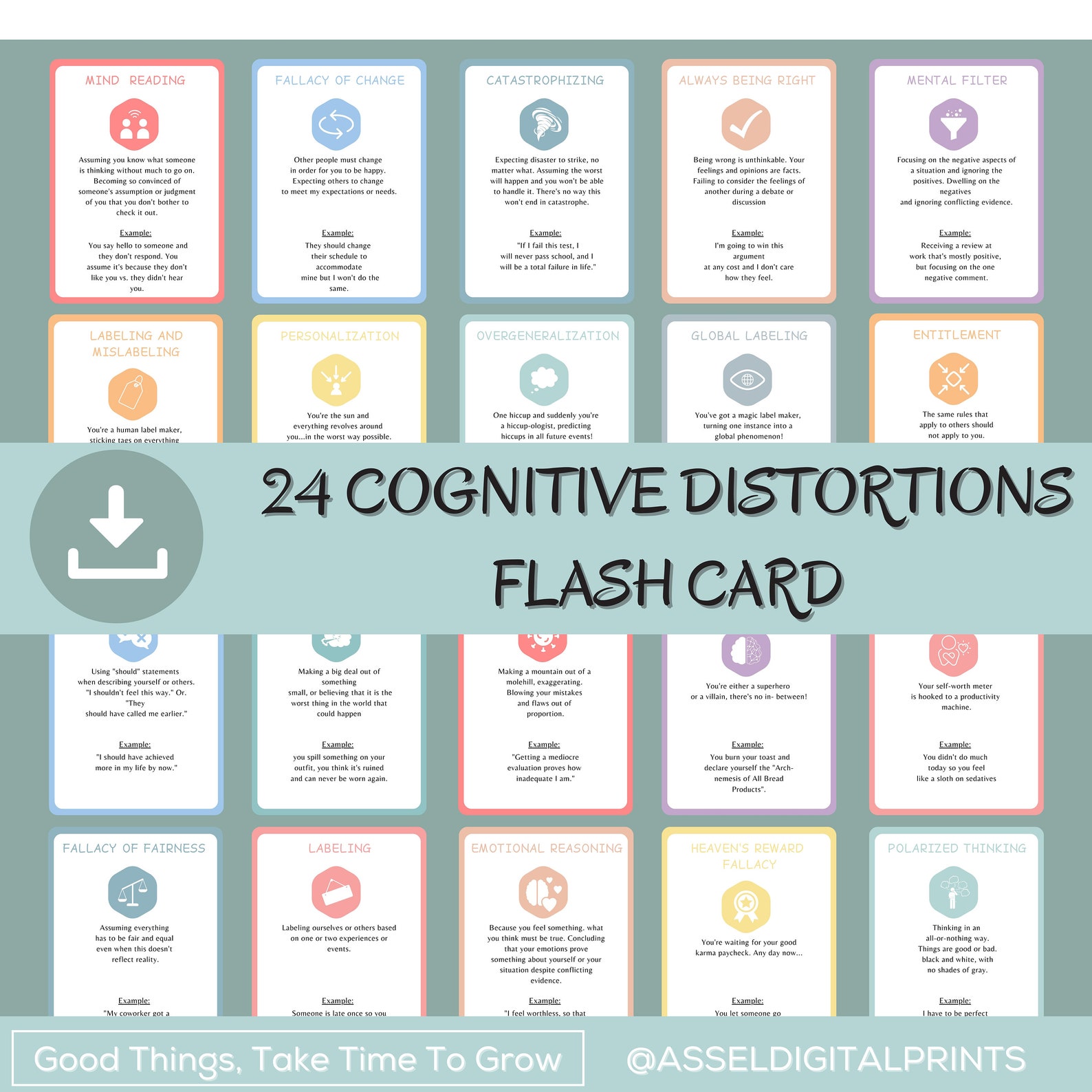 Cognitive Distortion Flash Cards, Cognitive Bias, Mindfulness Cards ...