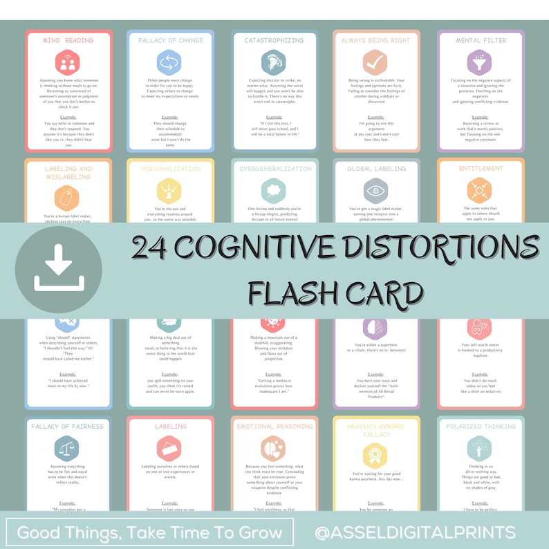 Cognitive Distortion Flash Cards, Cognitive Bias, Mindfulness Cards ...
