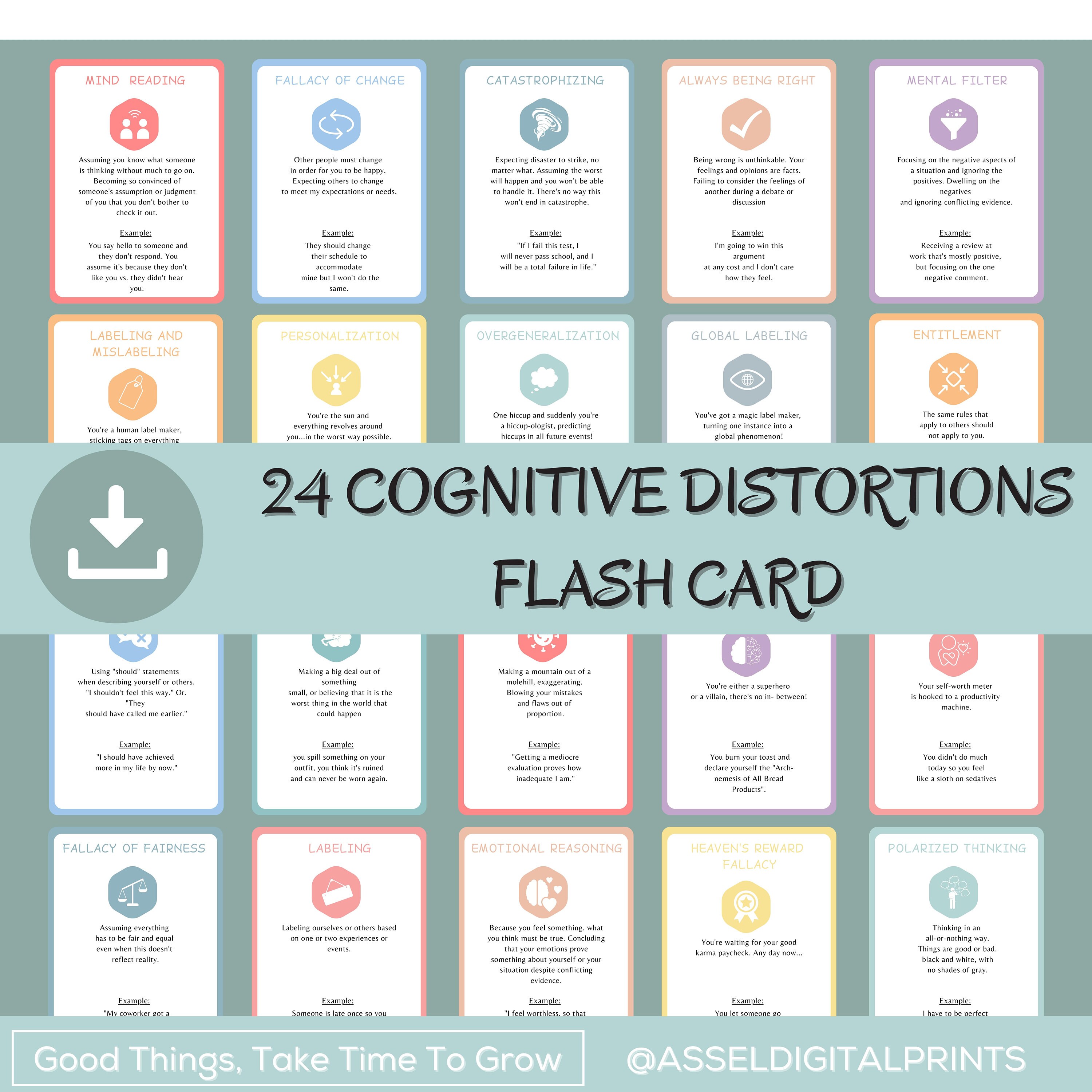 Cognitive Distortion Flash Cards, Cognitive Bias, Mindfulness Cards ...