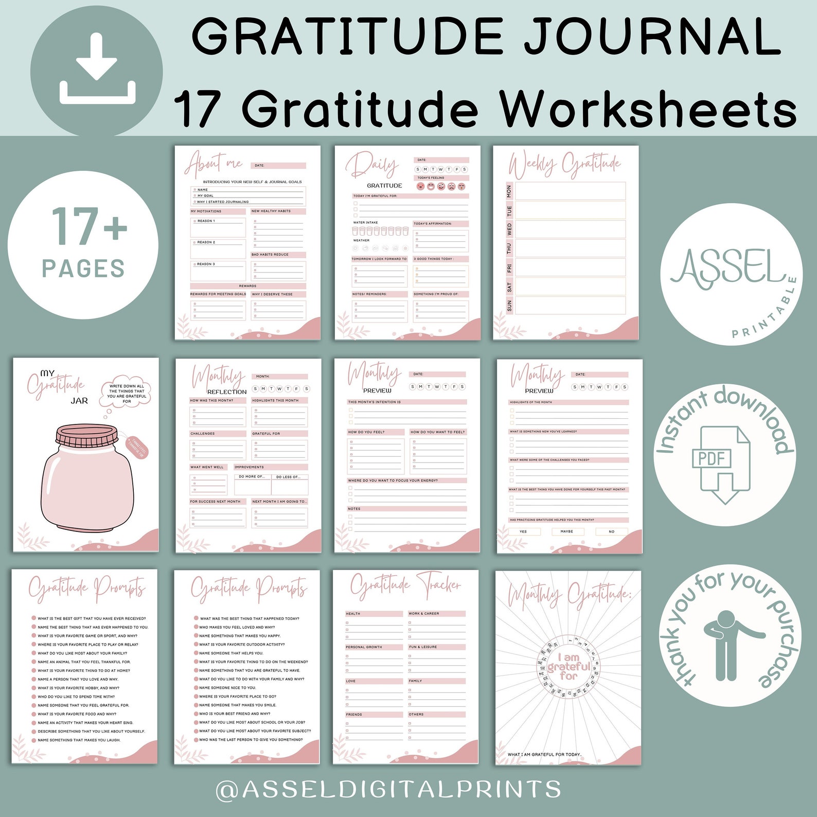 17 Gratitude Journal Printable Bundle, Daily Gratitude Tracker ...