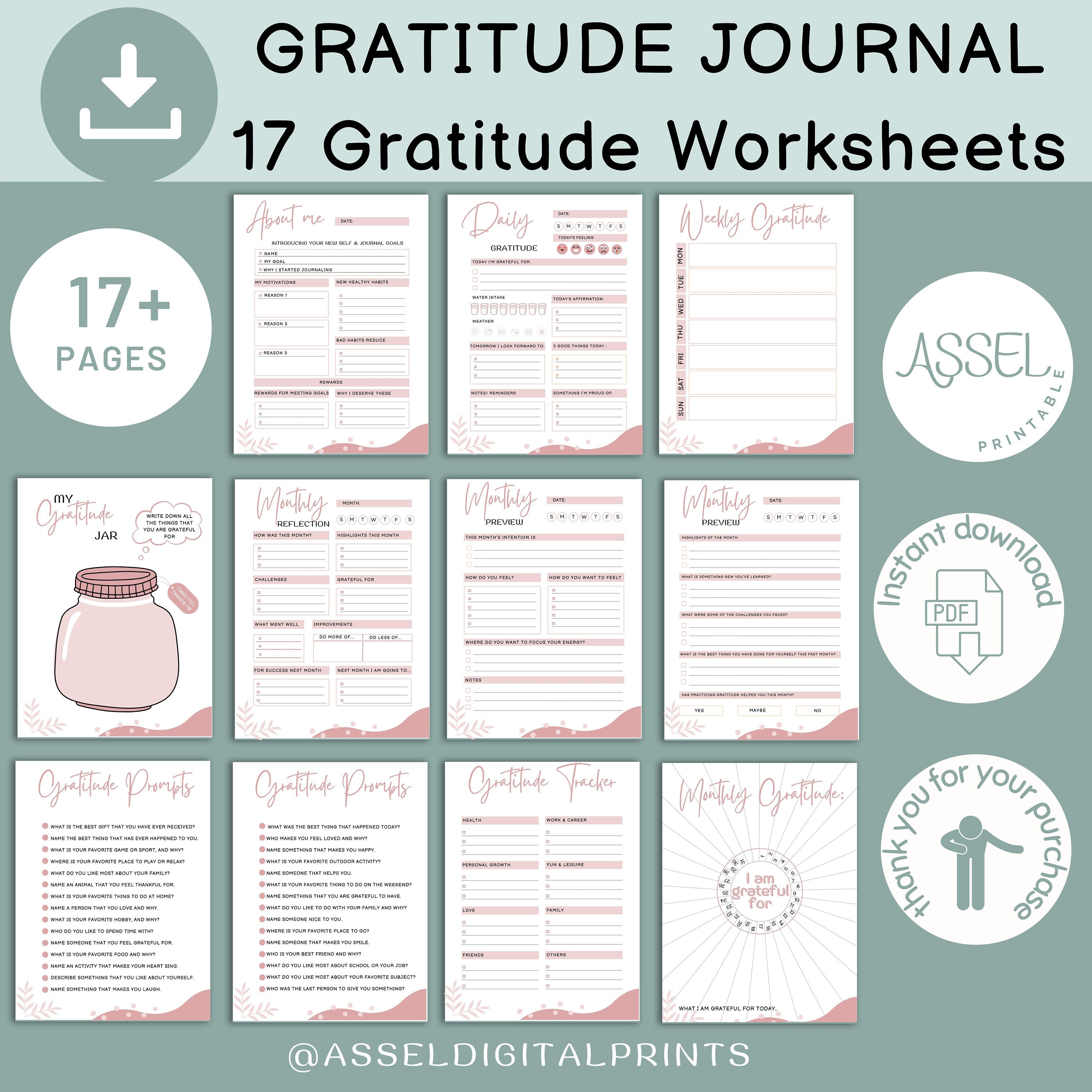 17 Gratitude Journal Printable Bundle, Daily Gratitude Tracker ...