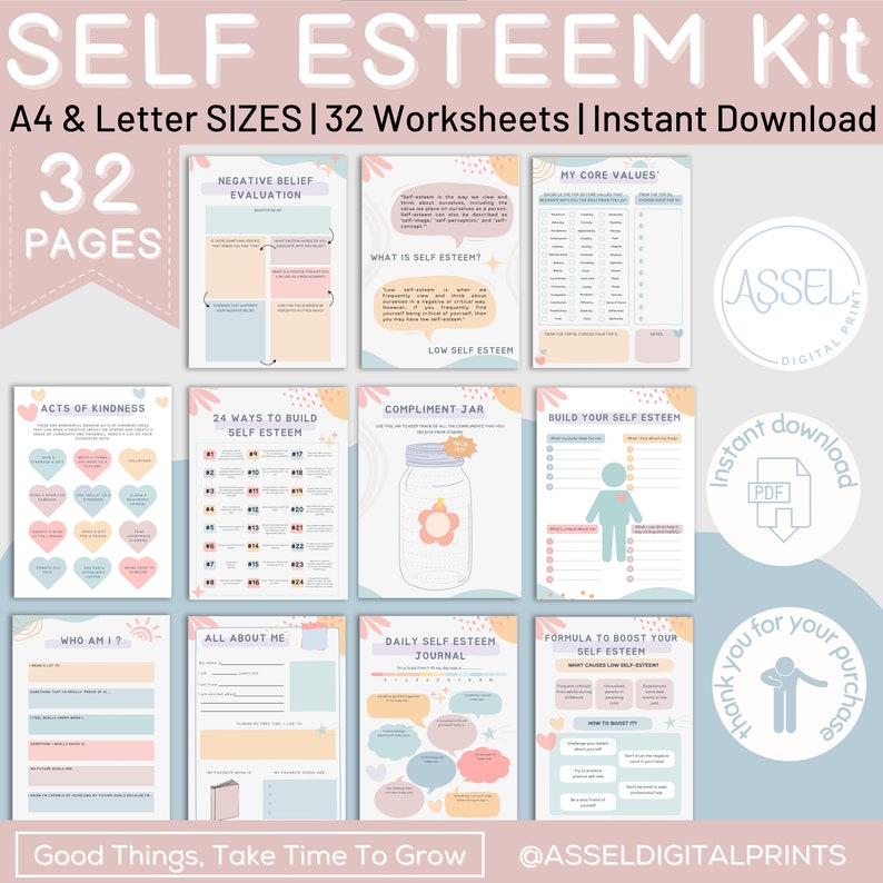 Therapy Worksheet Bundle,self Esteem Worksheets, Gratitude Journal ...