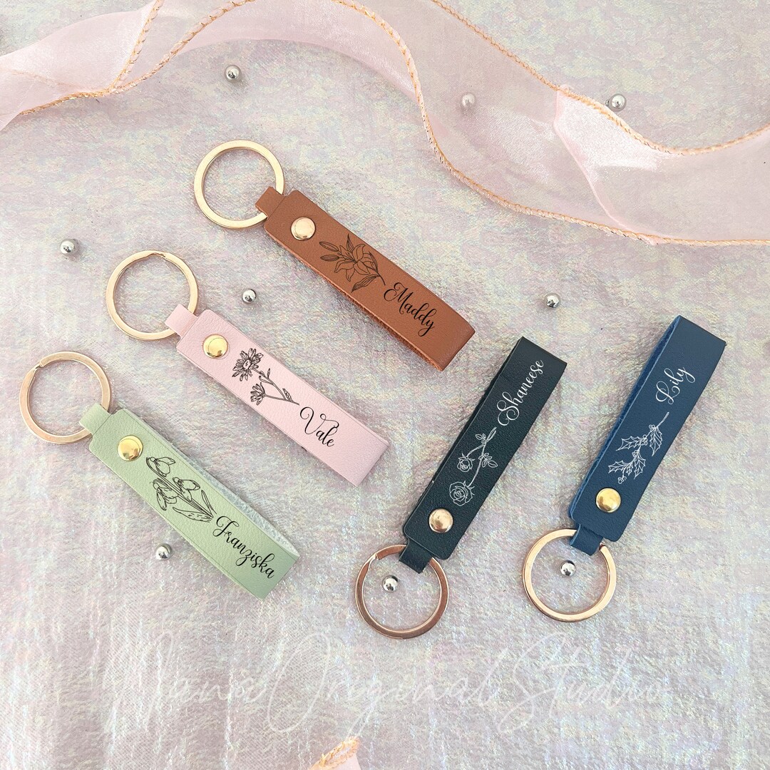 Custom Name Birth Flower Keychain, Dainty Personalized Key Ring, Print ...