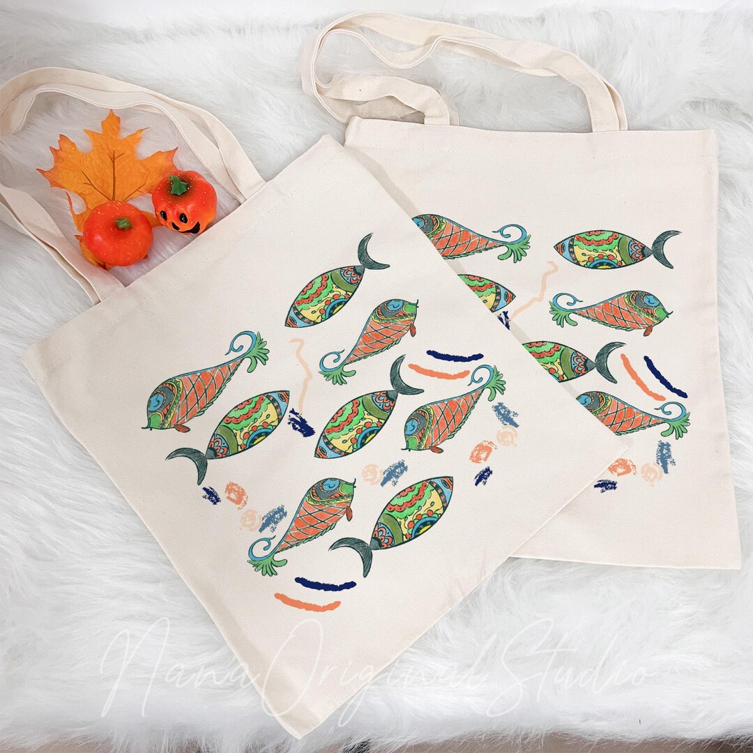 Retro Fish Tote Bags, Vintage Fishes Illustration Canvas Bag, Sea Life ...