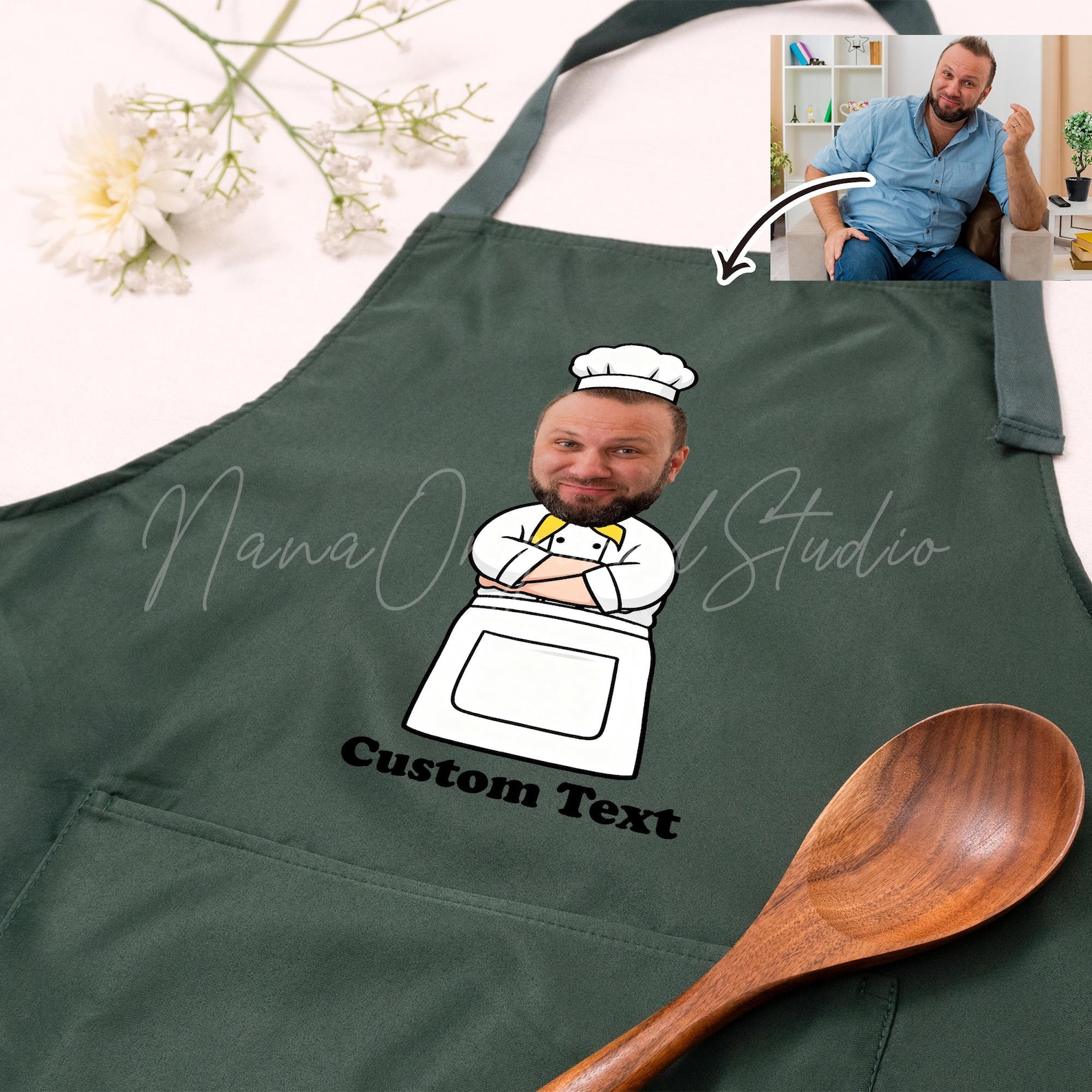 Custom Face Chef Apron, Funny Cartoon Kitchen Gift for Dad Mom Cook ...
