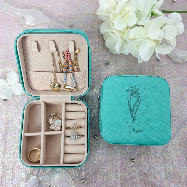 Personalized Birth Flower Jewelry Box Travel Jewelry Case - Etsy