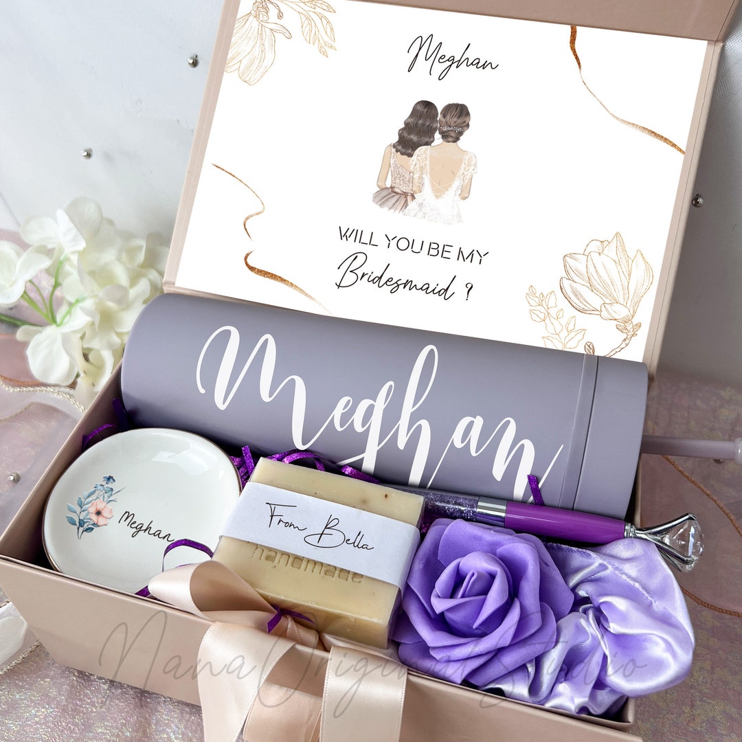 Lilac Bridesmaid Proposal Box Set, Purple Wedding Gift Box With Floral ...