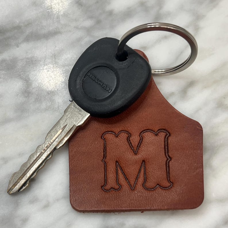 Personalized Leather Keychain Monogram Cow Tag Key Ring Custom Initial ...