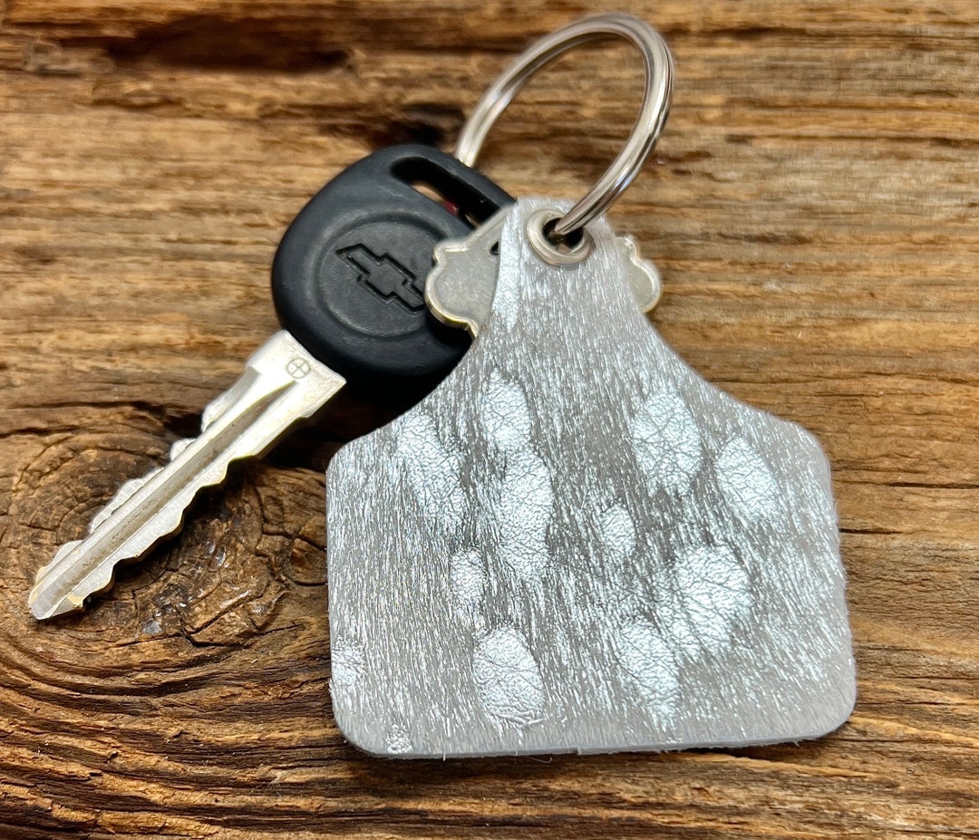 Cowhide Keychain, Cow Tag, Cattle Ear Tag, Silver Metallic, Acid, Howdy ...