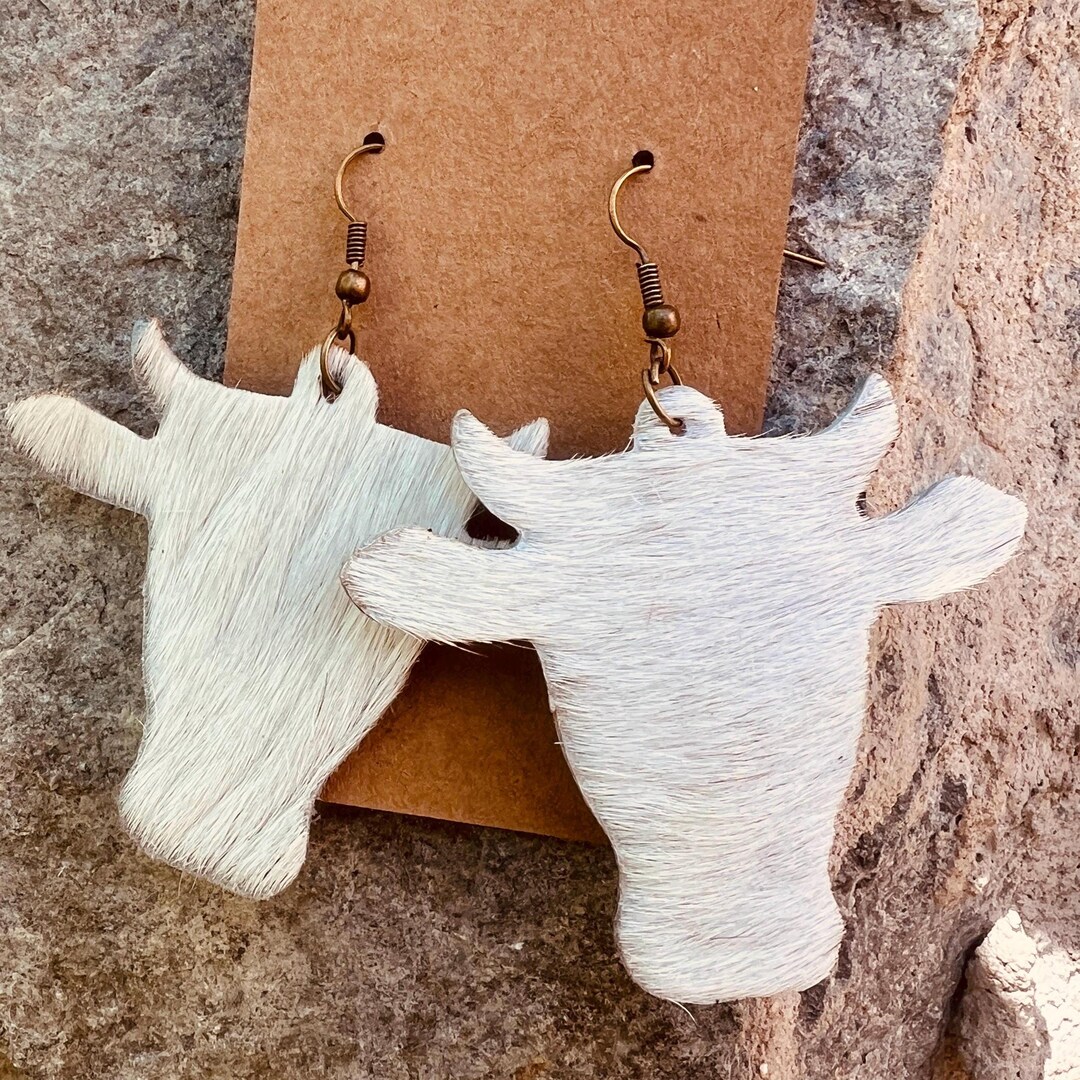White Cowhide Earrings Western Cowgirl Jewelry Genuine Leather Cow Head ...