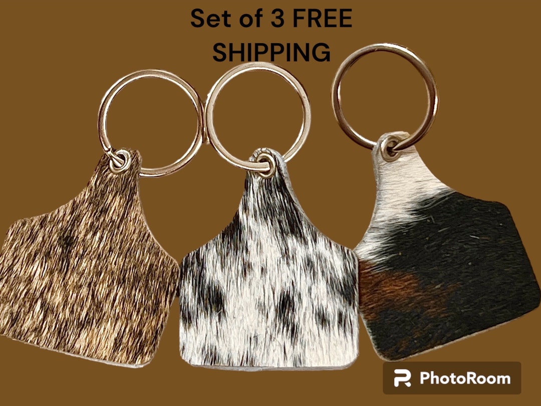 Cow Tag Keychains, Set of 3, Cowhide, Cowboy Birthday Party Favors ...