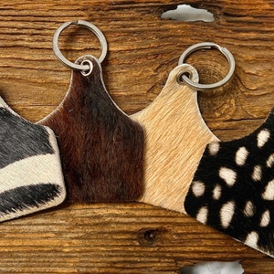 Cow Tag Keychains, Set of 3, Cowhide, Cowboy Birthday Party Favors ...
