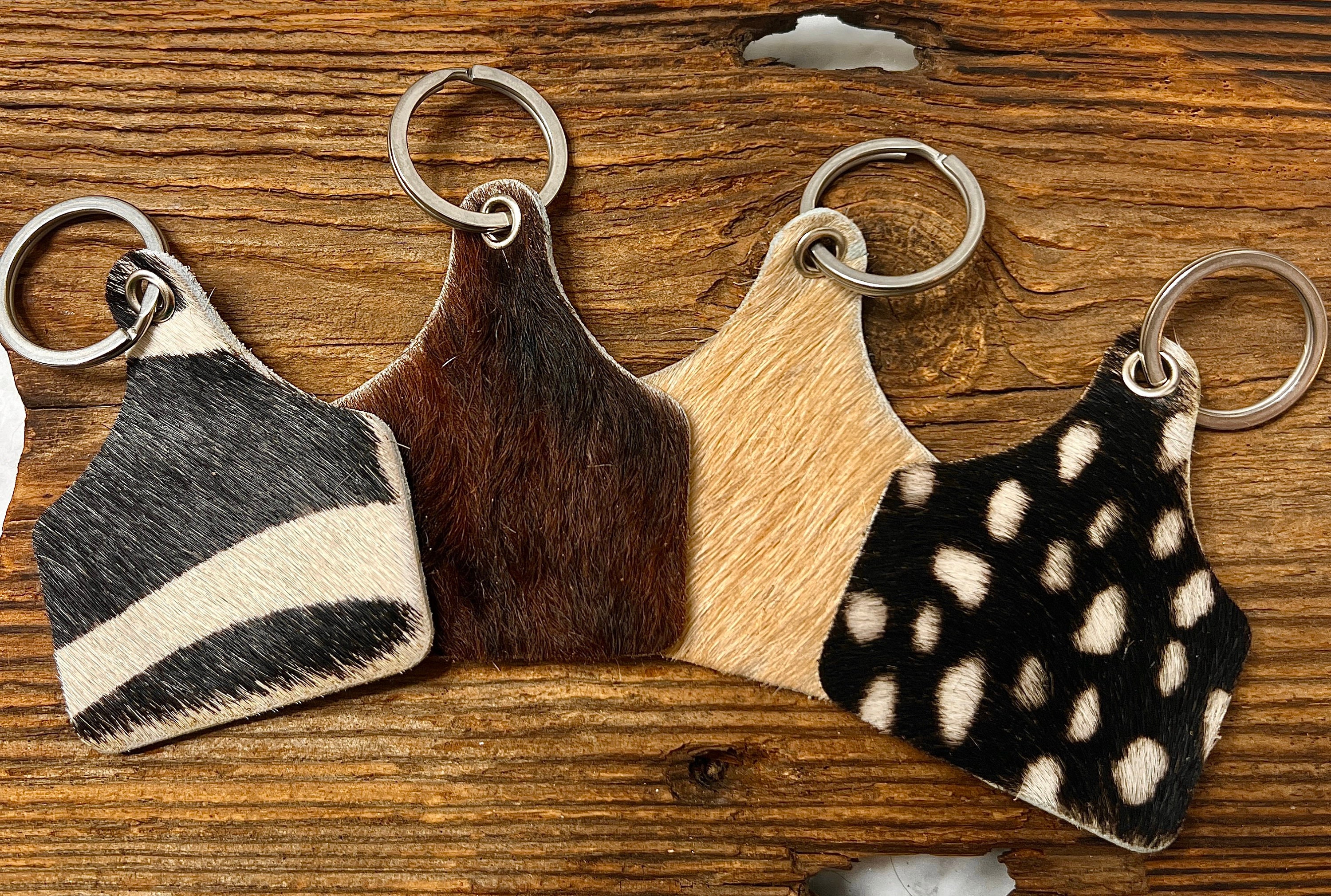 Cow Tag Keychains, Set of 3, Cowhide, Cowboy Birthday Party Favors ...