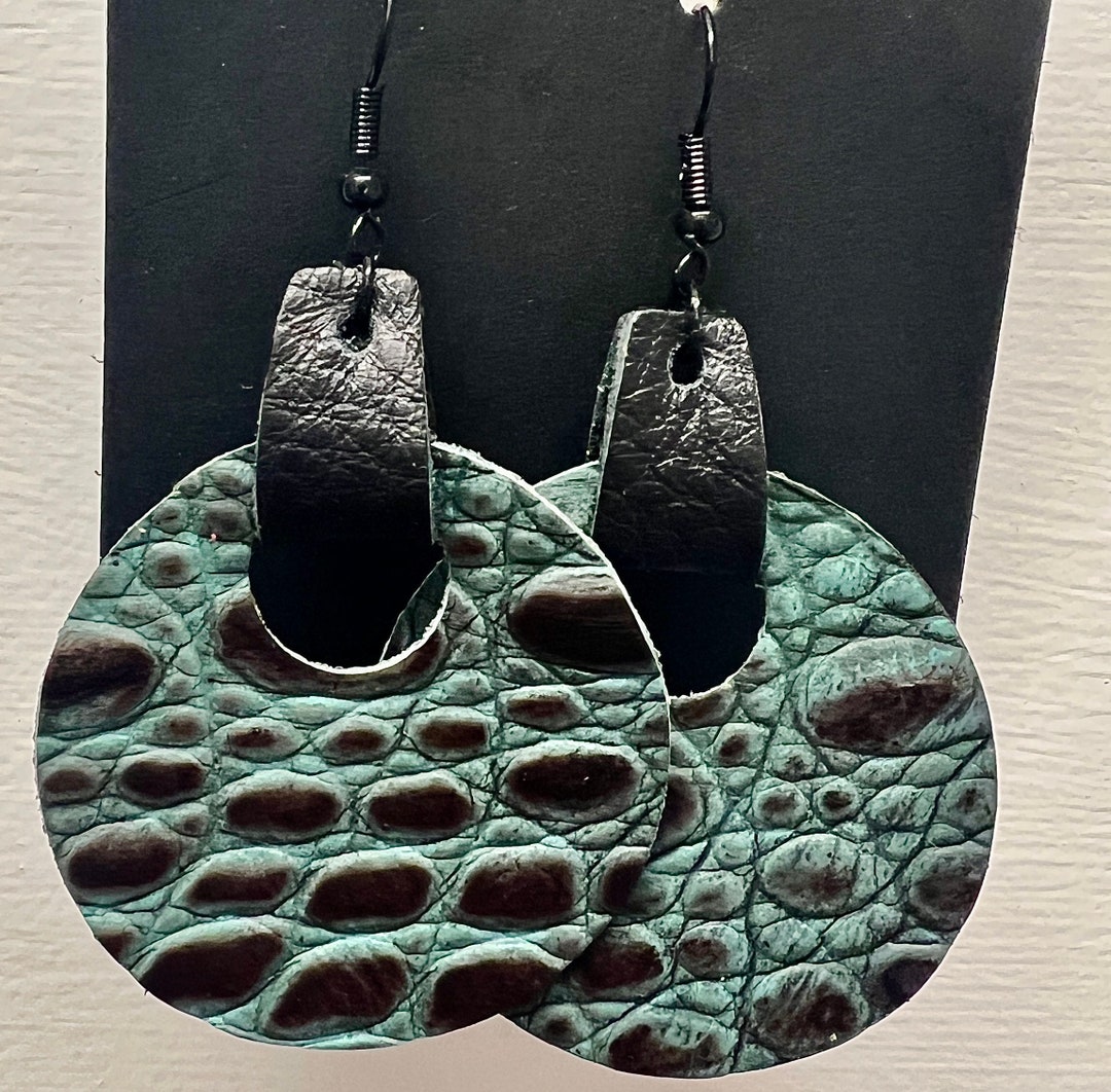Turquoise Leather Earrings, Circle Earrings, Crocodile, Folded Leather ...