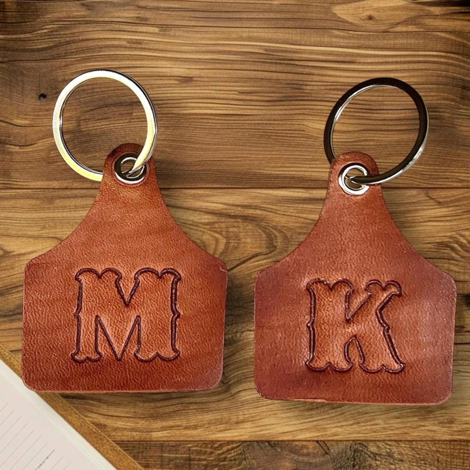 Personalized Leather Keychain Monogram Cow Tag Key Ring Custom Initial ...