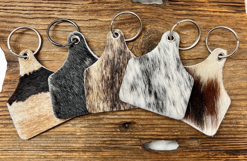 Cow Tag Keychains, Set of 3, Cowhide, Cowboy Birthday Party Favors ...
