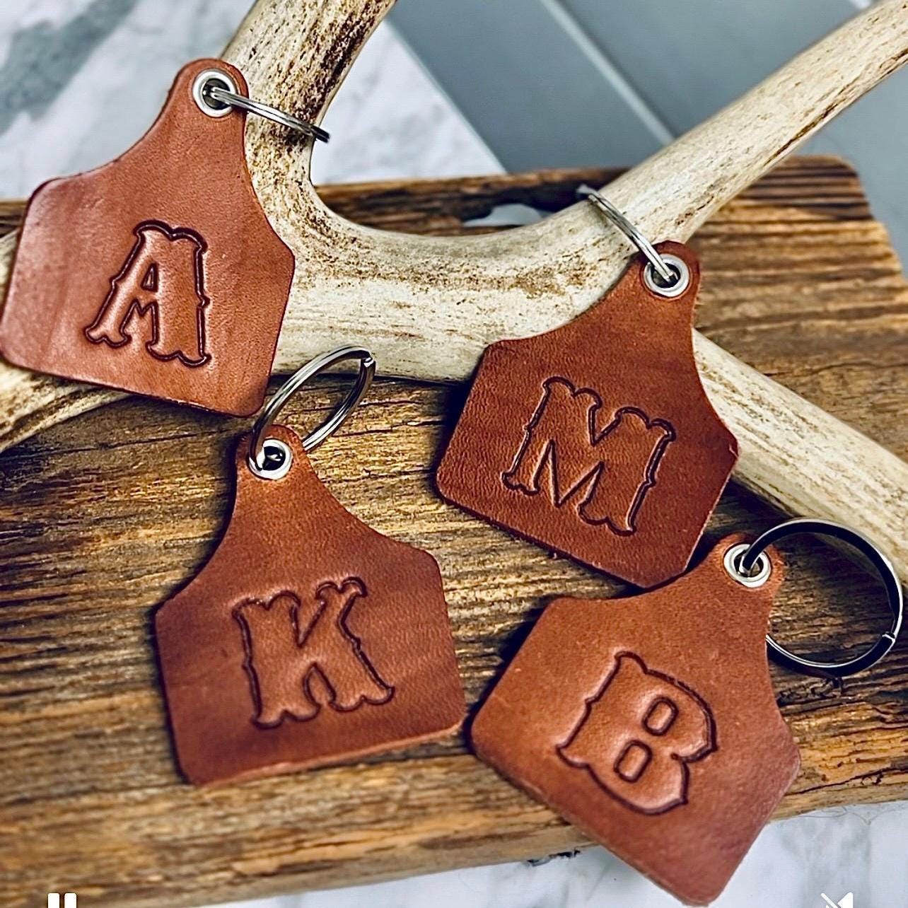 Personalized Leather Keychain Monogram Cow Tag Key Ring Custom Initial ...