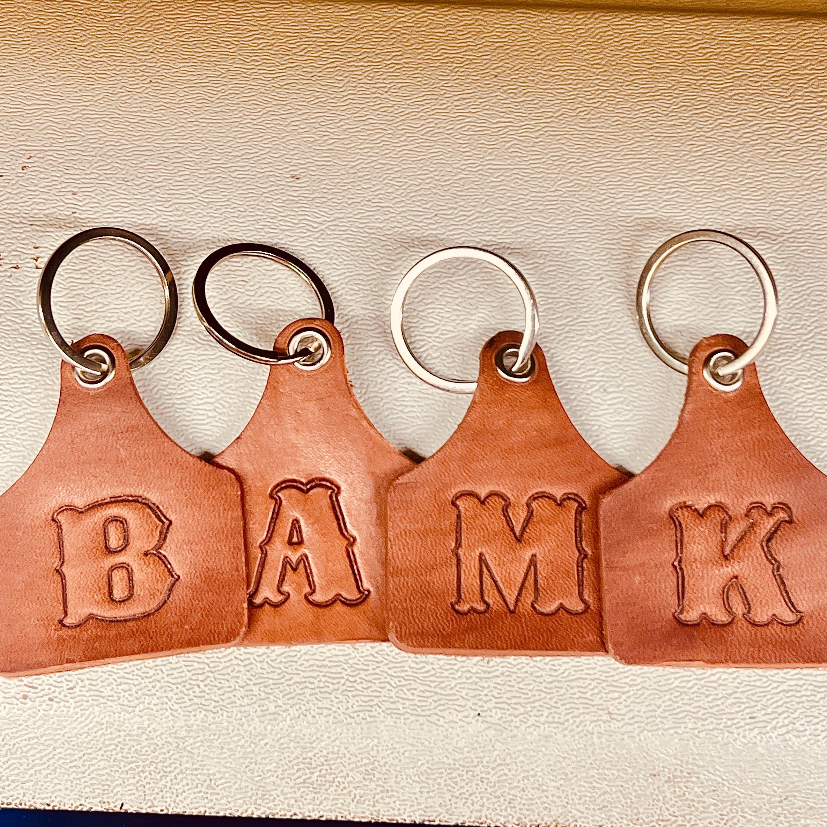 Personalized Leather Keychain Monogram Cow Tag Key Ring Custom Initial ...
