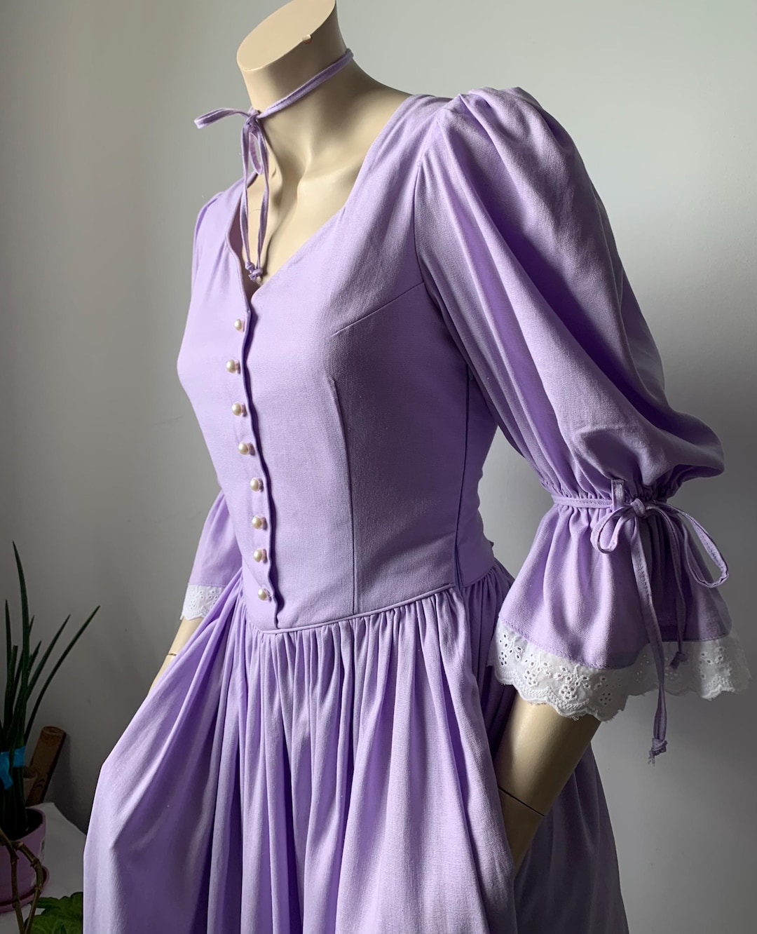 Vintage Dress Puffer Sleeves Corset Back Linen Dress Ankle Length V ...