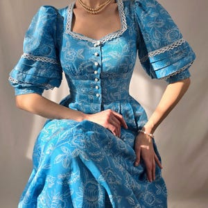 Vintage Dress Blue Dirndl Dress Puffy Sleeves Austrian Dress Floral ...