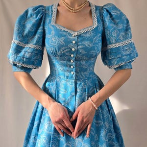 Vintage Dress Blue Dirndl Dress Puffy Sleeves Austrian Dress Floral ...