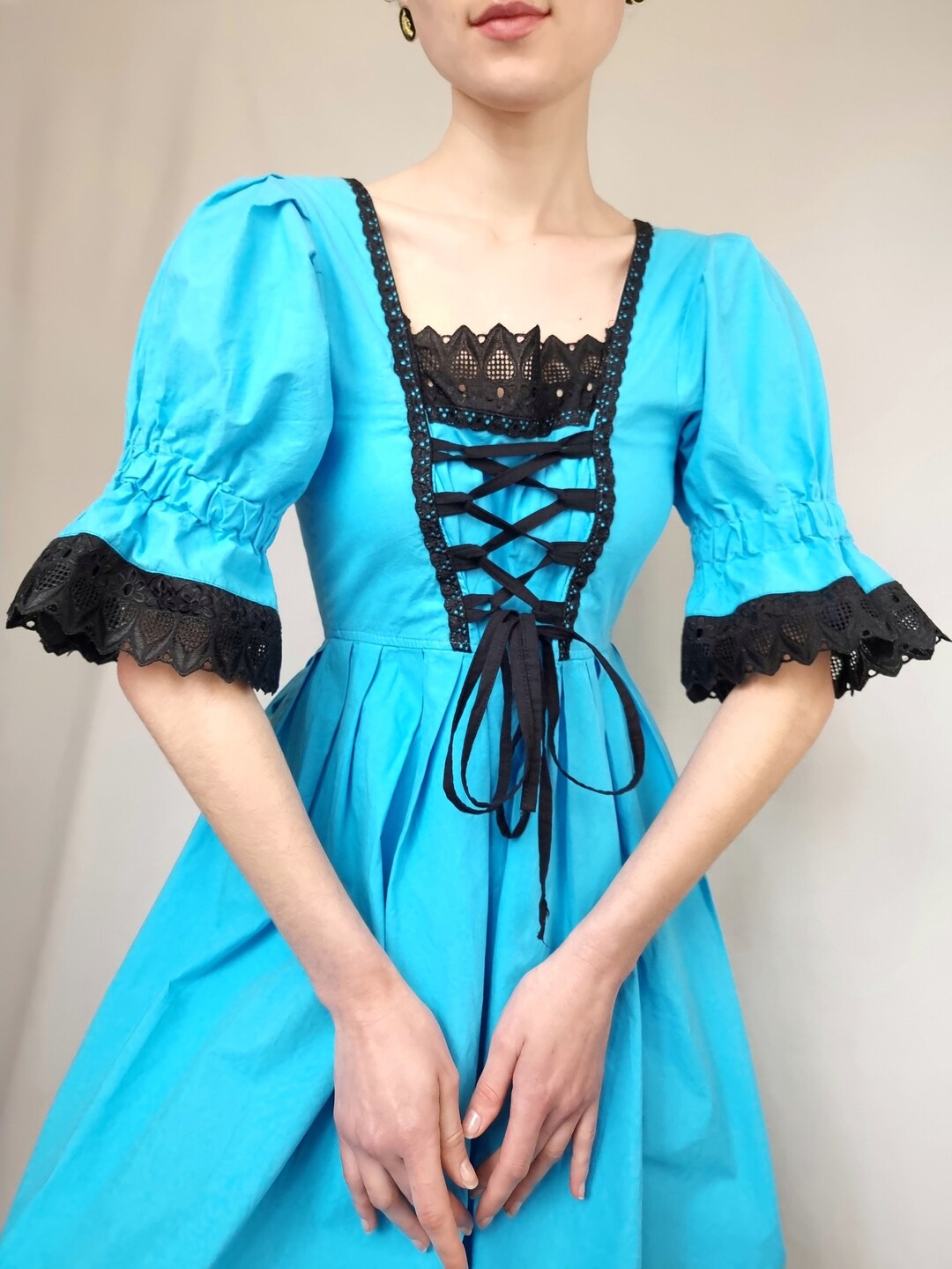 Vintage Corset Dress Puffy Sleeves Deep Blue Austrian Dress Puffy