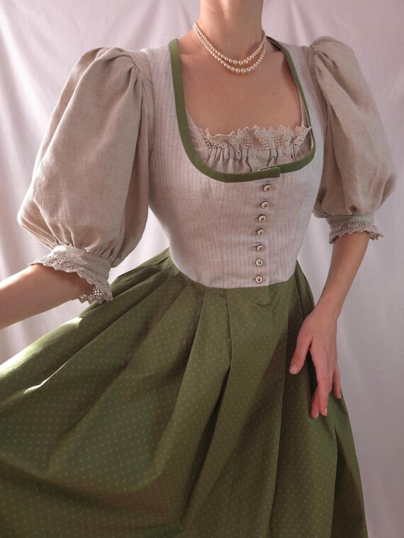 traditional Austrian dress in olive green dirndl dre… - Gem
