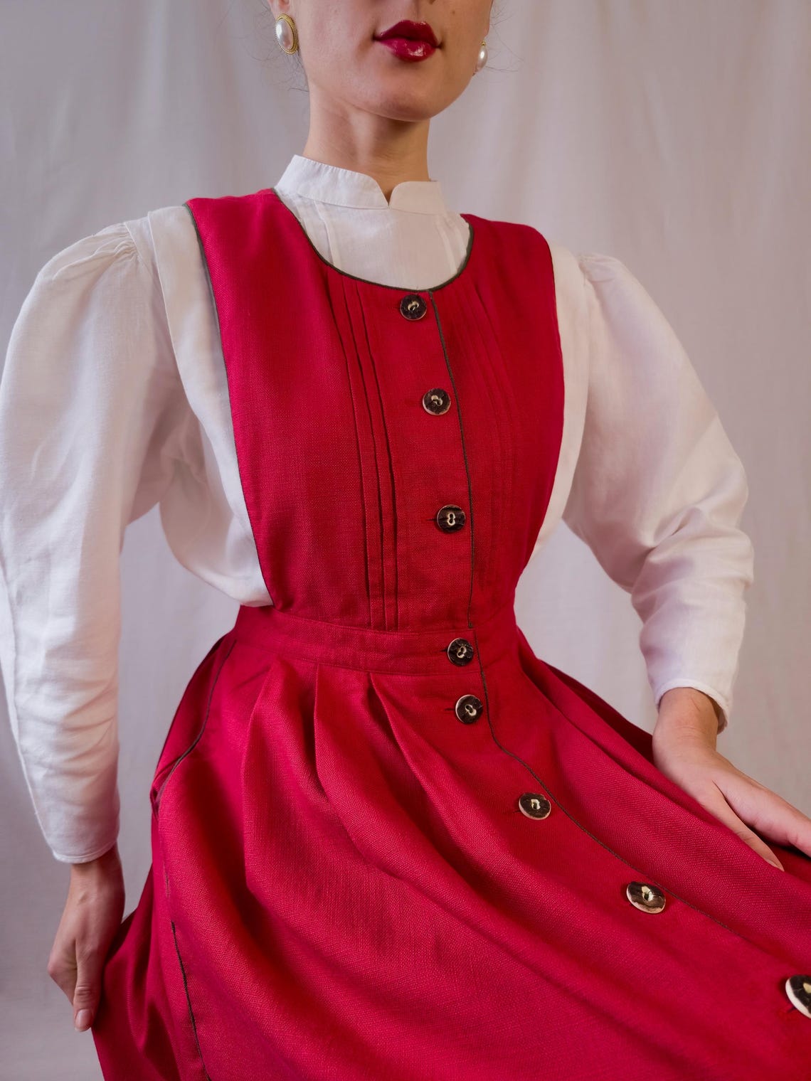 Vintage Dress Linen Red Dirndl Dress Full Length Traditional Austrian ...