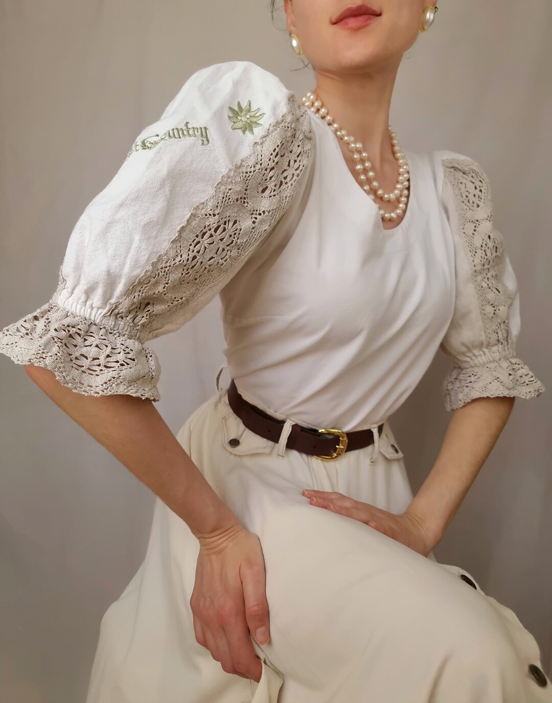 Vintage blouse embroidered puffy sleeves lace blouse/cottage core ...