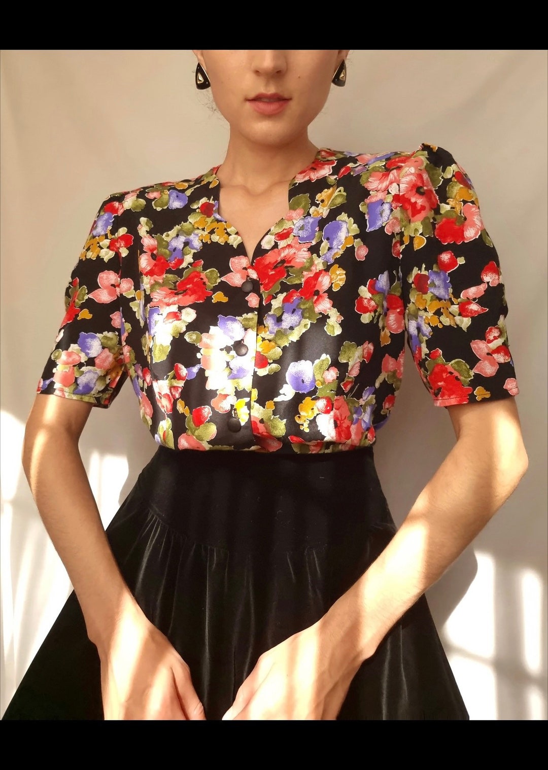 Vintage Blouse Floral Pattern/retro Blouse Short Sleeves/retro Blouse ...