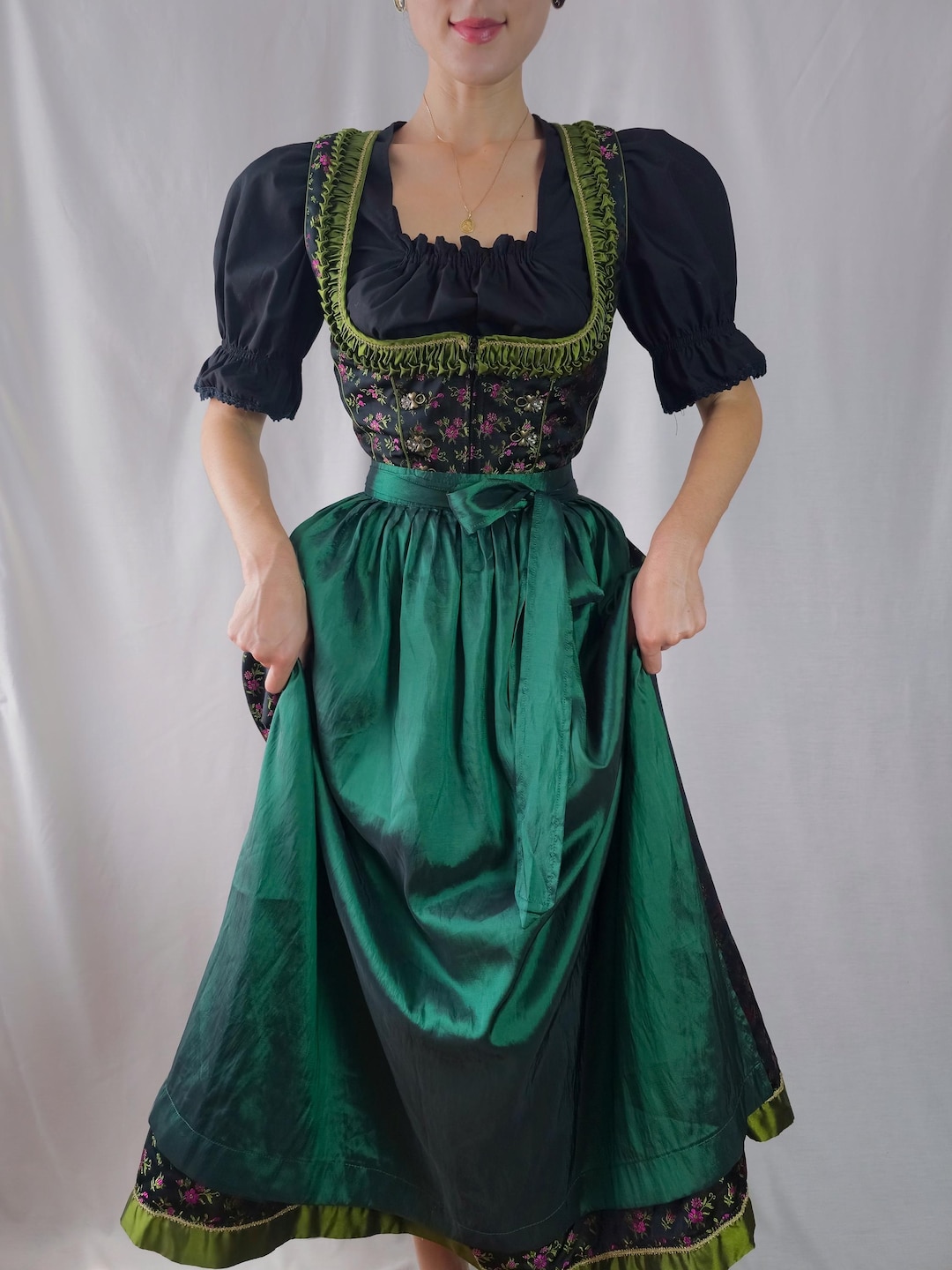 Traditional Austrian Dress Match With Apron Dirndl Tracht Green Floral ...