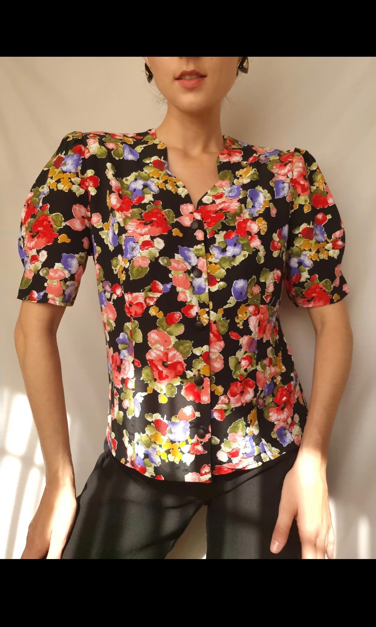 Vintage Blouse Floral Pattern/retro Blouse Short Sleeves/retro Blouse ...