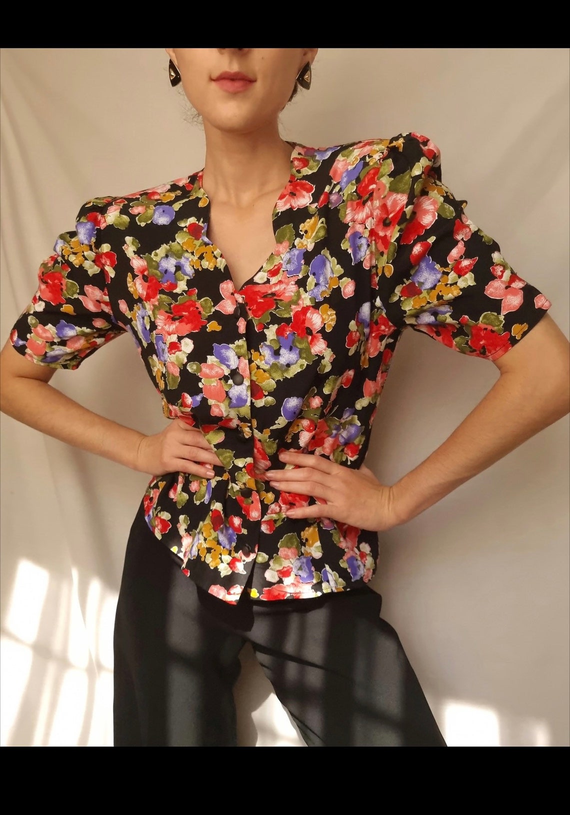 Vintage Blouse Floral Pattern/retro Blouse Short Sleeves/retro Blouse ...
