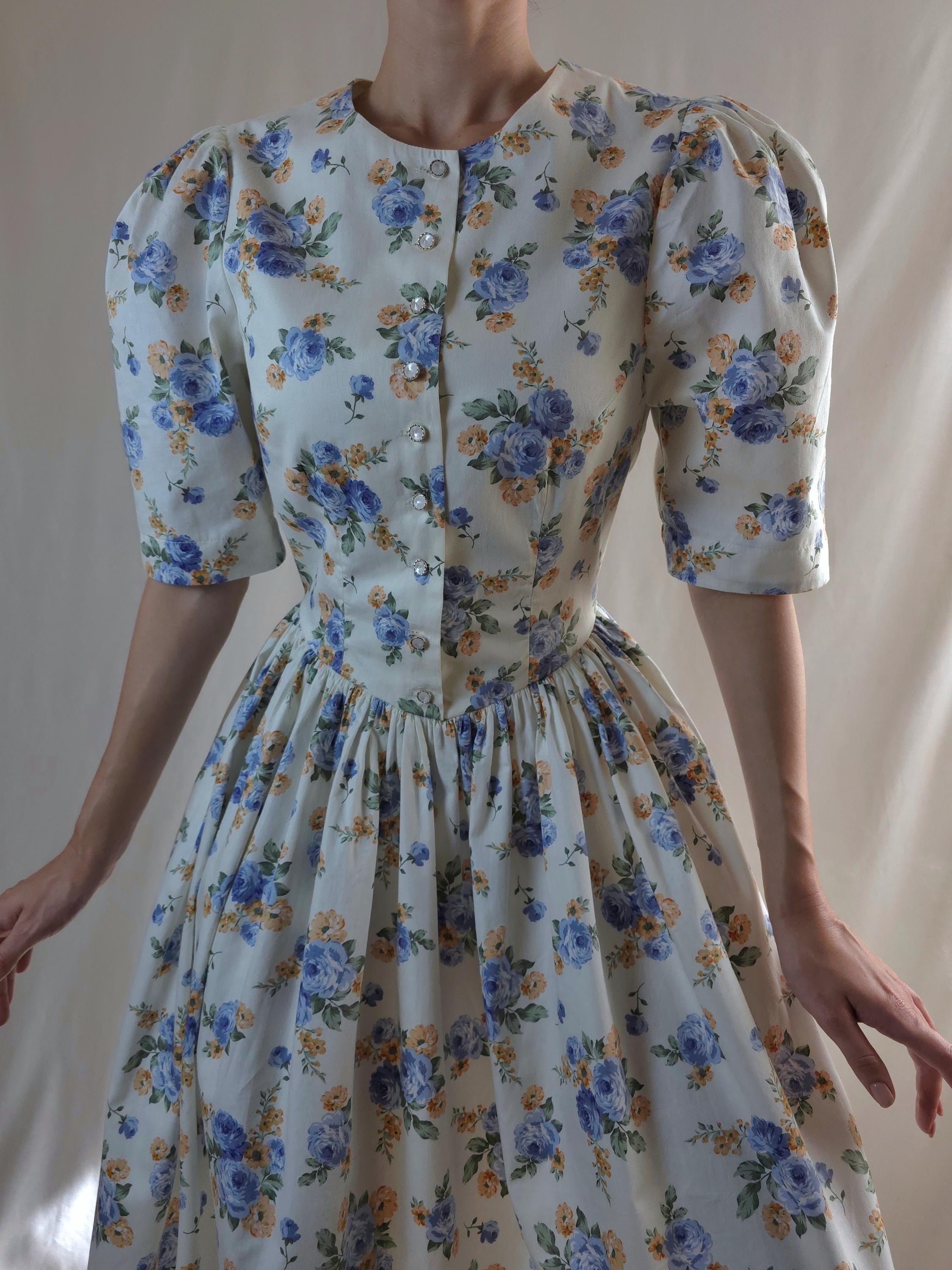 Vintage Dress Floral Print Puffy Sleeves Victorian Style Dress Ankle ...