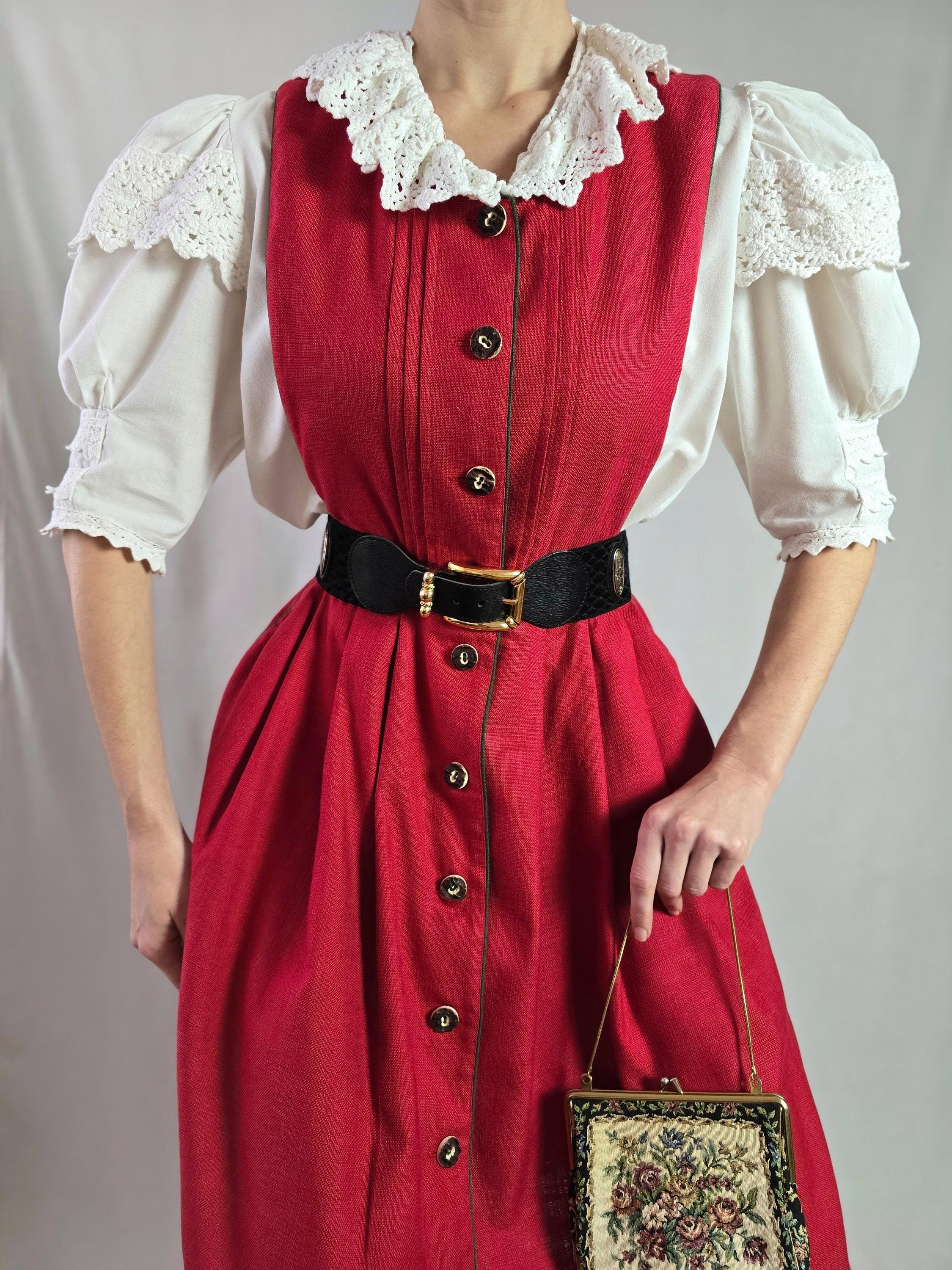 Vintage Dress Linen Red Dirndl Dress Full Length Traditional Austrian ...
