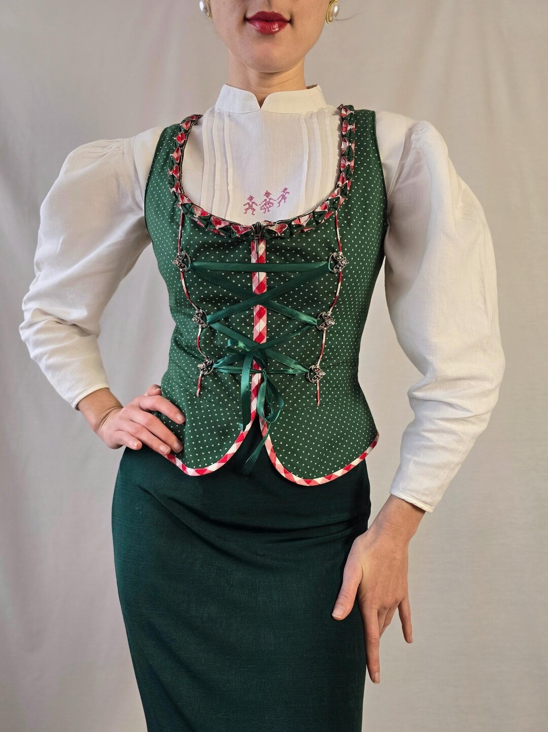 Vintage Vest Polka Dot Dirndl Vest Victorian Style Peplum Vest Lace up ...