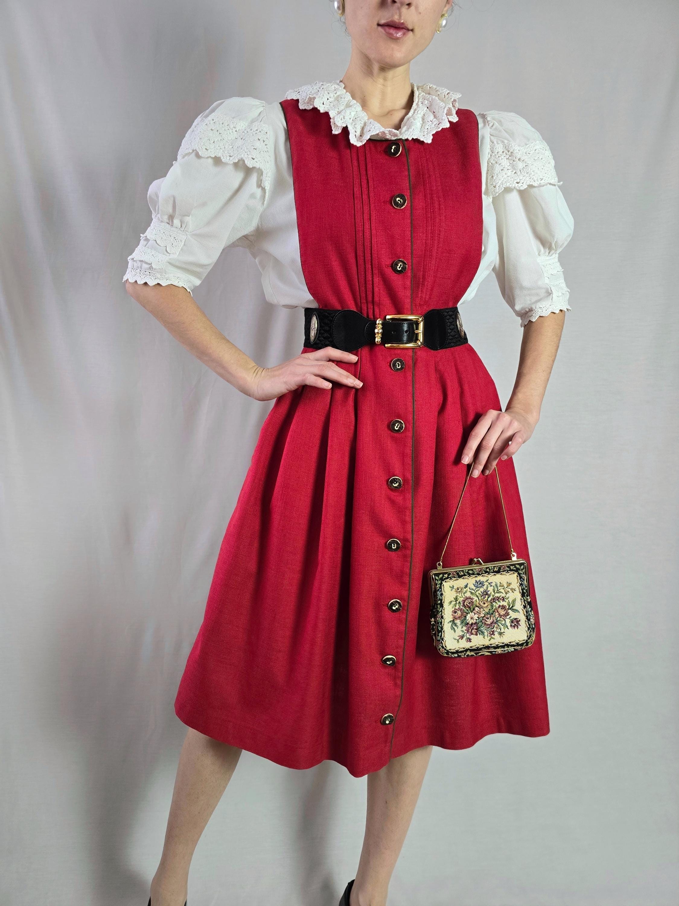 Vintage Dress Linen Red Dirndl Dress Full Length Traditional Austrian ...