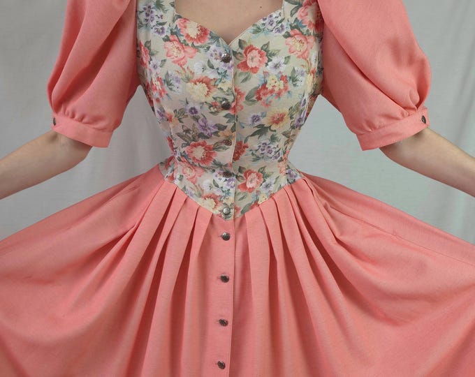 Dirndl Dress Floral Print Peach Linen Traditional Austrian Dress Full ...