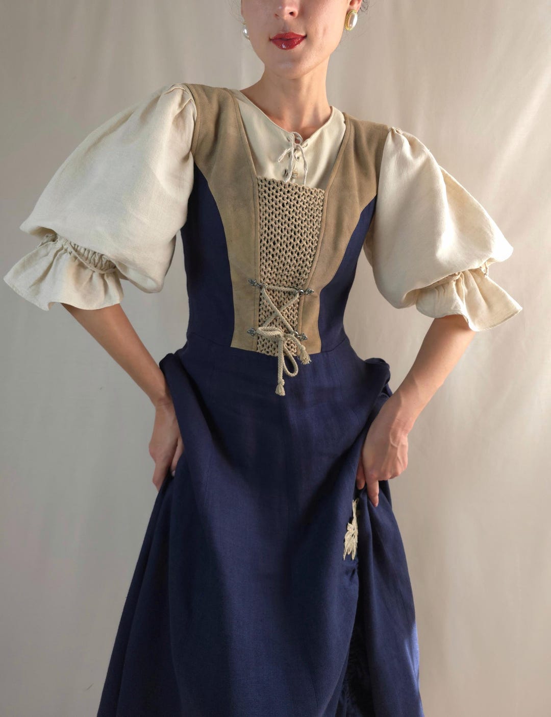 Dirndl Dress Linen Puffer Sleeves Austrian Dress Navy Tyrolean Tracht ...