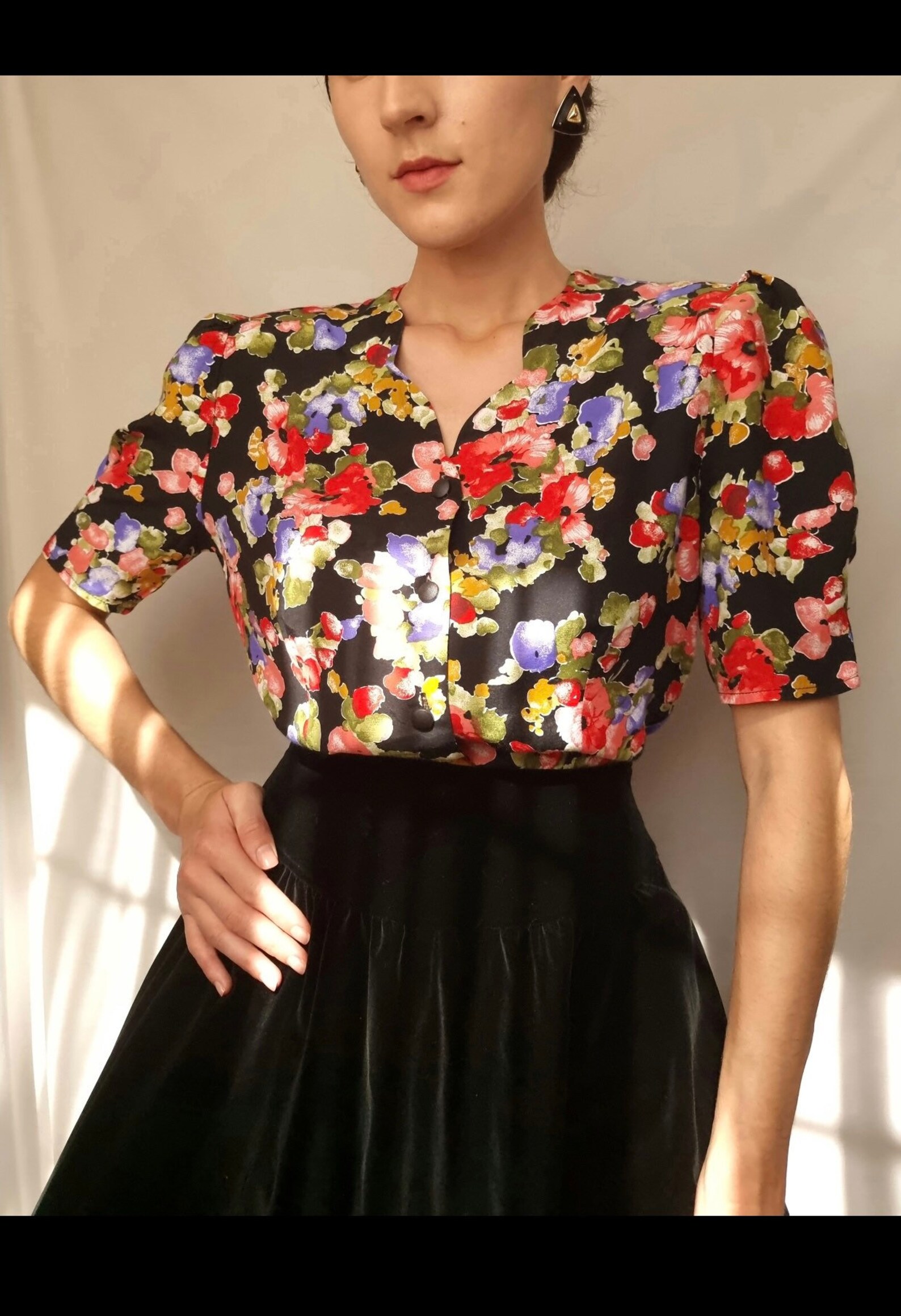 Vintage Blouse Floral Pattern/retro Blouse Short Sleeves/retro Blouse ...