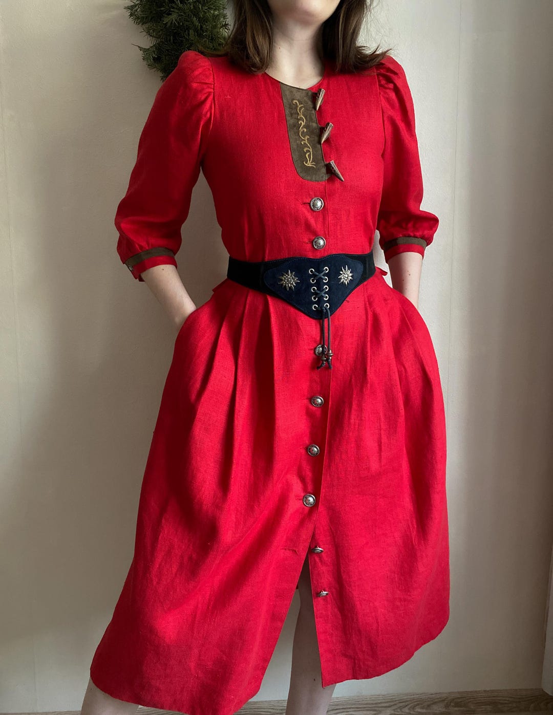 Vintage Dress Red Linen Austrian Dress Buttons Down Salzburg Dress ...