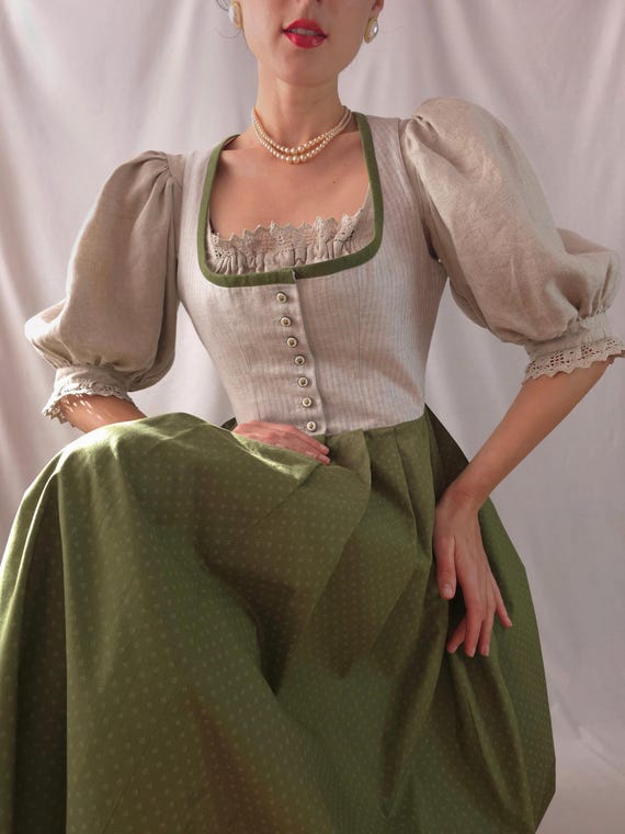 traditional Austrian dress in olive green dirndl dre… - Gem