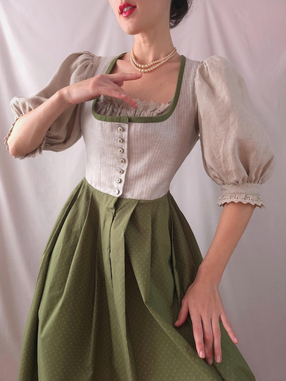 traditional Austrian dress in olive green dirndl dre… - Gem