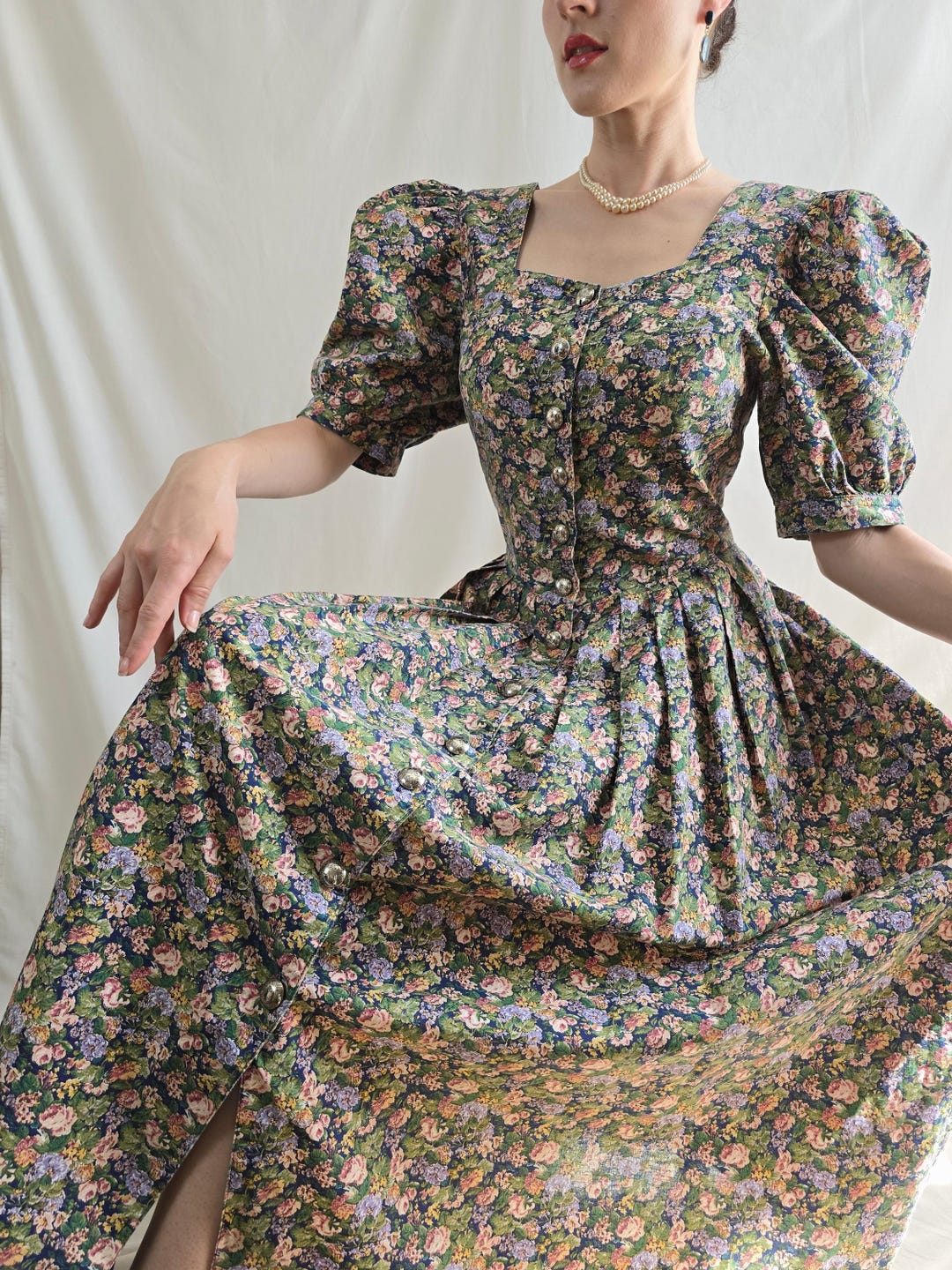 Traditional Austrian Dress Floral Print Puffy Sleeves Folklore Dress ...