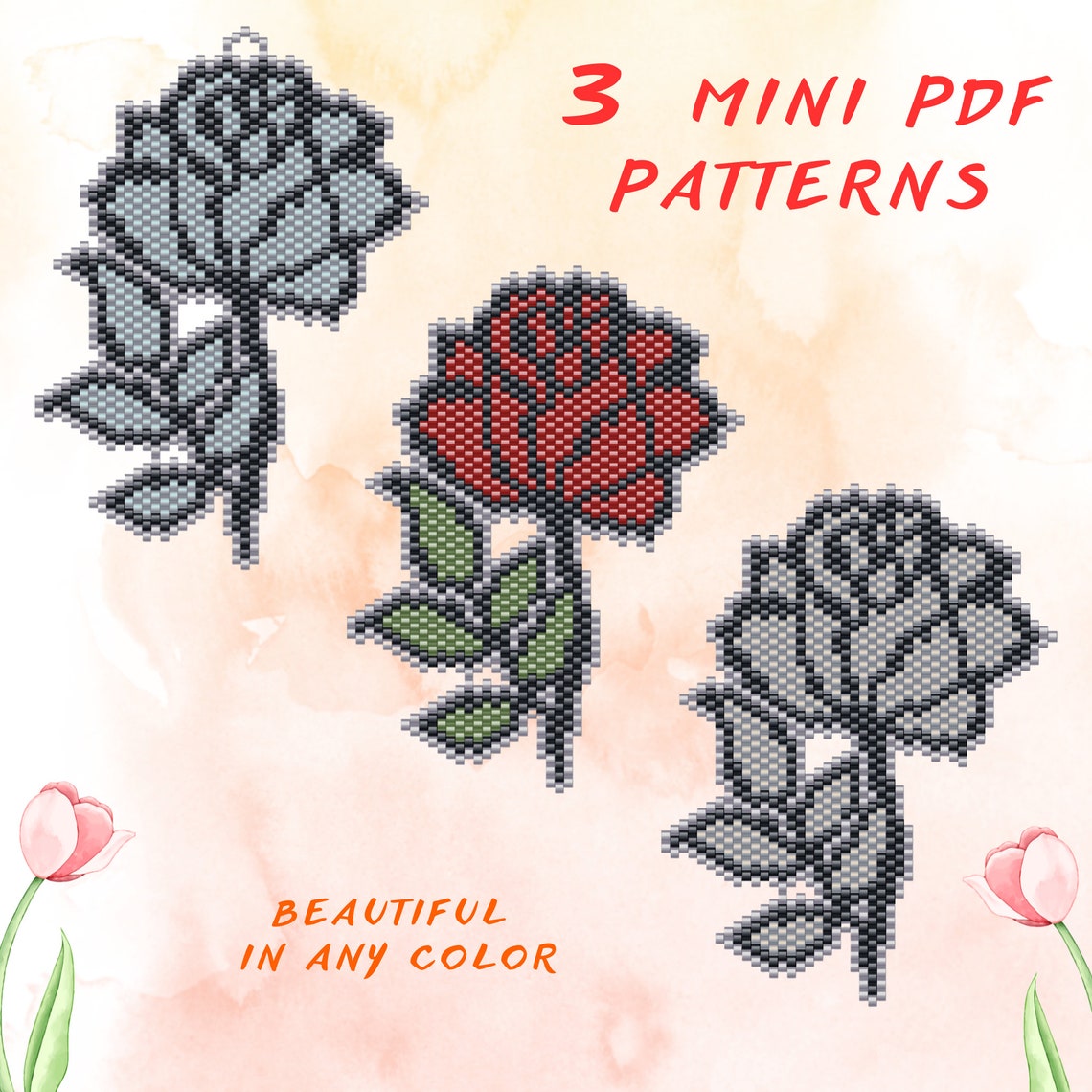 Set of Flowers Red Black and Silver Rose Bead Pattern for Earrings ...