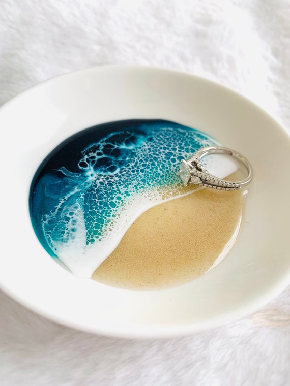 Ocean Ring Dish Ceramic PERSONALIZED Engagement Gift Trinket dish Unique Handmade Beach Epoxy Resin Wedding Blue Christmas Jewelry Engaged
