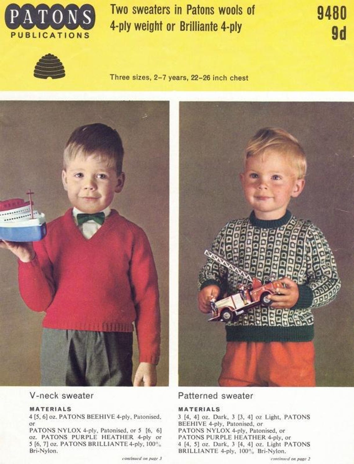 Vintage Patons Knitting Pattern 9480 - Patterned & V-neck Sweaters - Etsy